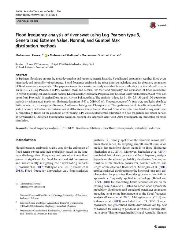 (PDF) Flood frequency analysis of river swat using Log Pearson type 3 ...