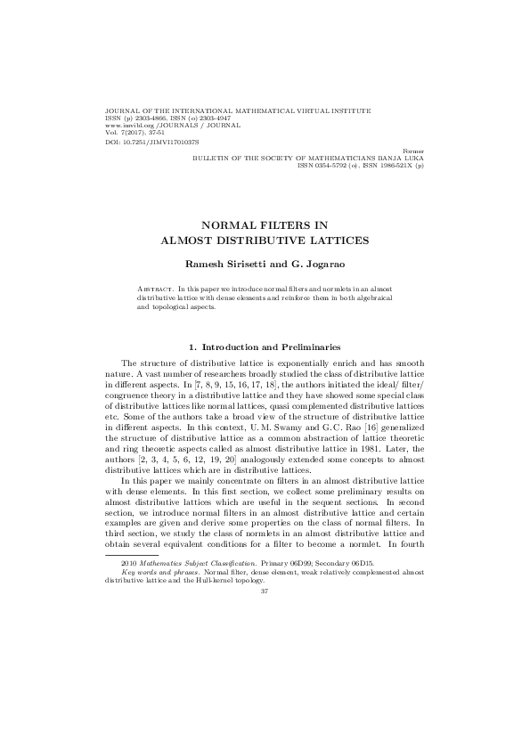 (PDF) Normal Filters in Almost Distributive Lattices