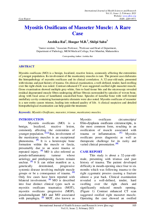 (PDF) Myositis Ossificans of Masseter Muscle: A Rare Case