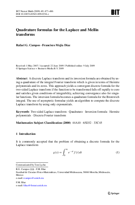 (PDF) Quadrature formulas for the Laplace and Mellin transforms