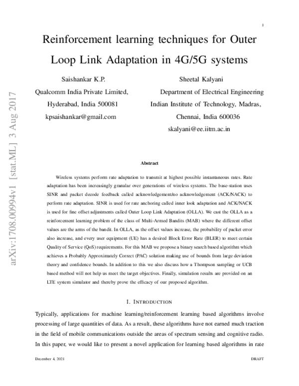 (PDF) Reinforcement learning techniques for Outer Loop Link Adaptation in 4G/5G systems