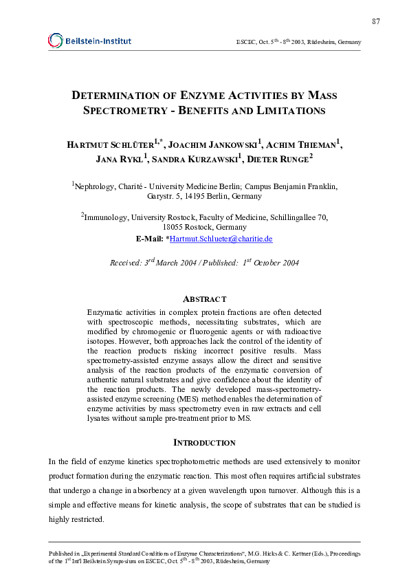(PDF) Determination of Enzyme Activities by Mass Spectrometry-Benefits ...