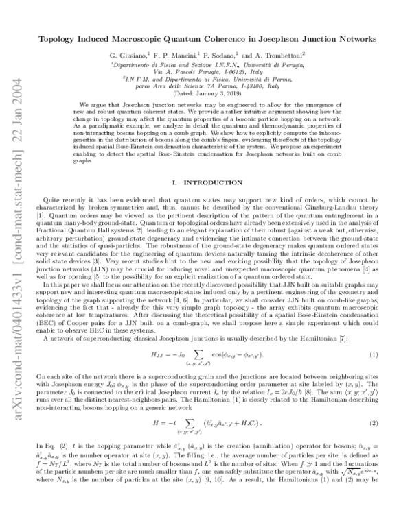 (PDF) Topology Induced Macroscopic Quantum Coherence in Josephson Junction Networks