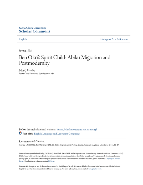 (PDF) Ben Okri's spirit-child: 'abiku' migration and postmodernity