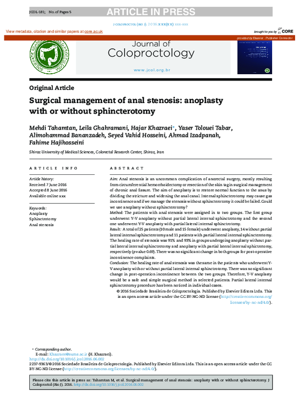 (PDF) Urgical Management of Anal Stenosis : Anoplasty Ith or Without ...
