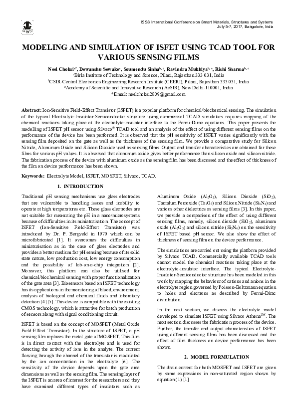 Pdf Modeling And Simulation Of Isfet Using Tcad Tool For Various