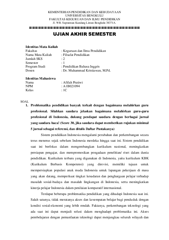 (PDF) UJIAN AKHIR SEMESTER FILSAFAT