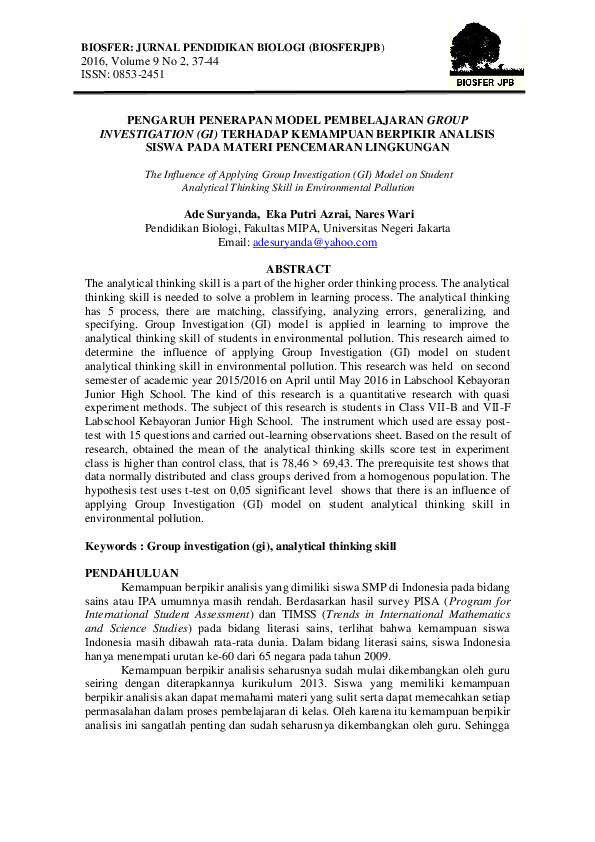 (PDF) Pengaruh Penerapan Model Pembelajaran Group Investigation Berbasis Problem Based Learning ...