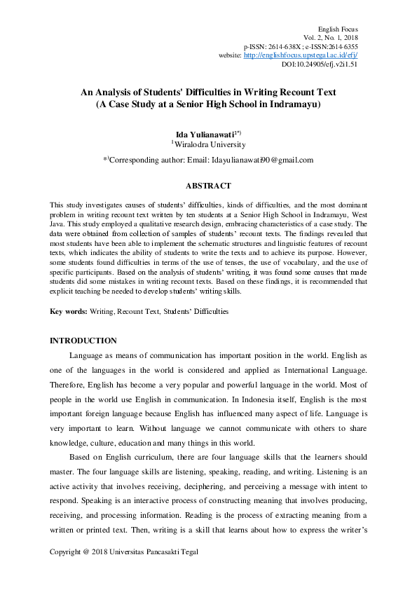 (PDF) An Analysis of Students' Difficulties in Writing Recount Text (A Case Study at a Senior ...