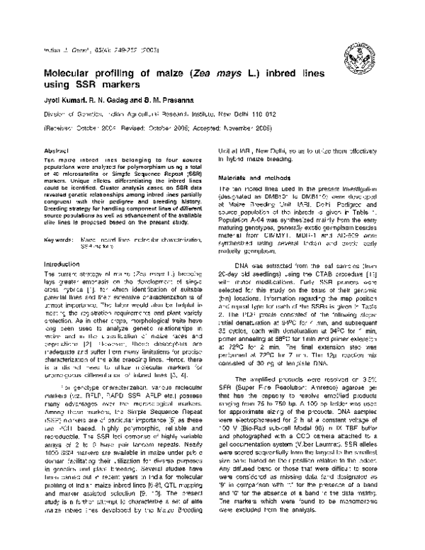 Pdf Molecular Profiling Of Maize Zea Mays L Inbred Lines Using Ssr