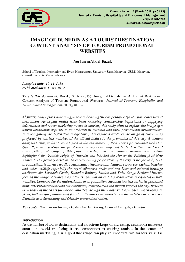 (PDF) Image of Dunedin as a Tourist Destination: Content Analysis of ...