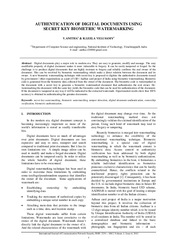 (PDF) Authentication of Digital Documents Using Secret Key Biometric Watermarking