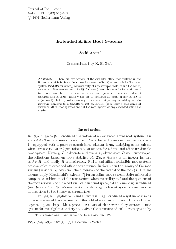 (PDF) Extended affine root systems | Saeid Azam - Academia.edu