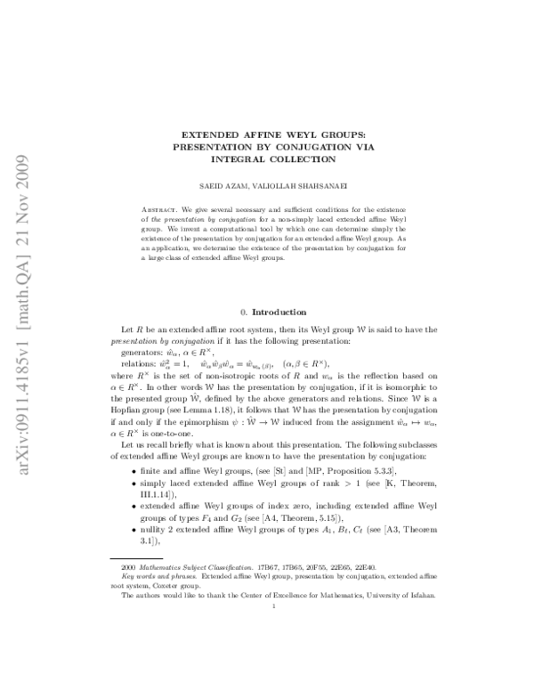 (PDF) Extended Affine Weyl Groups: Presentation by Conjugation via ...