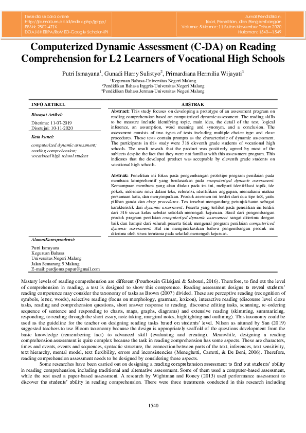(PDF) Computerized Dynamic Assessment (C-DA) on Reading Comprehension for L2 Learners of ...