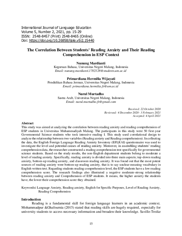 (PDF) The Correlation Between Students’ Reading Anxiety and Their Reading Comprehension in ESP ...