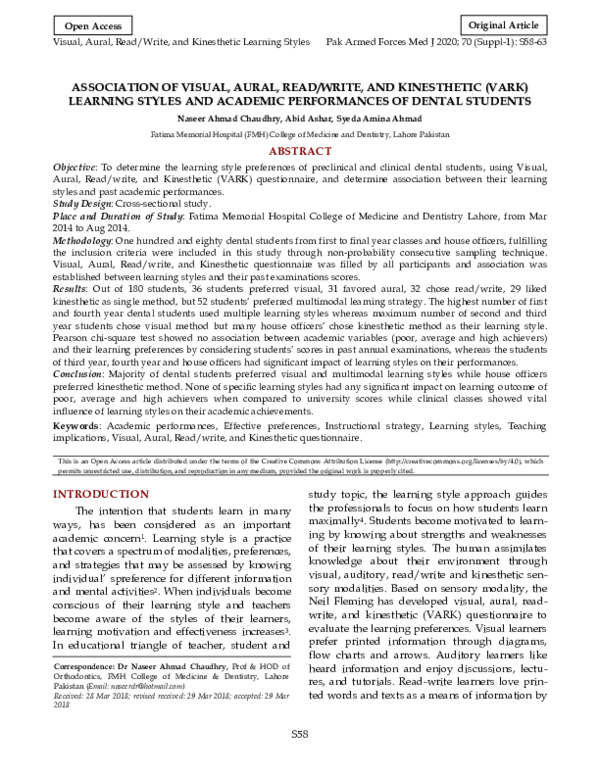 (PDF) Association of Visual, Aural, Read/Wite, and Kinesthetic (Vark) Learning Styles and ...