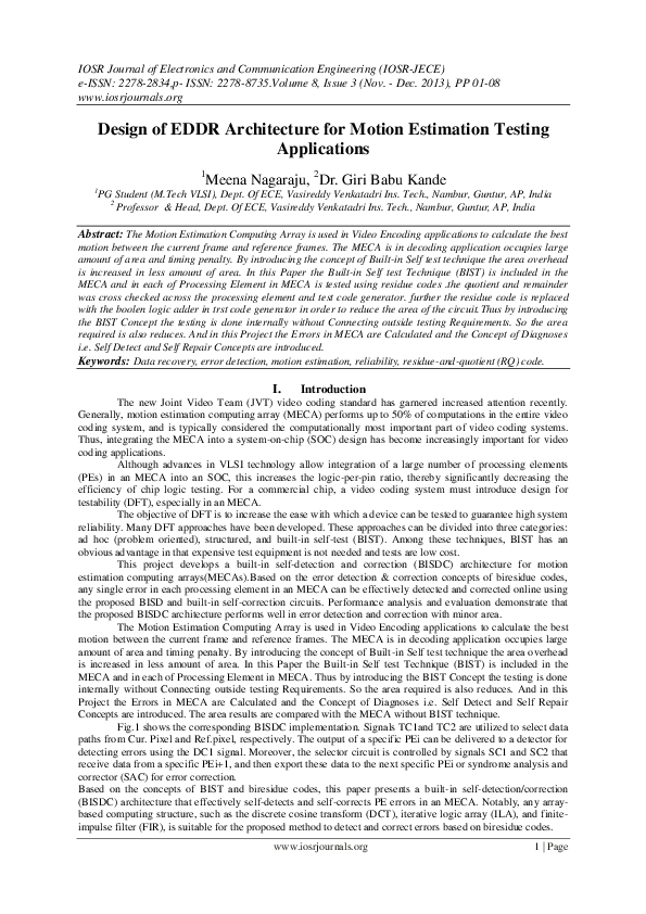 Pdf Design Of Eddr Architecture For Motion Estimation Testing