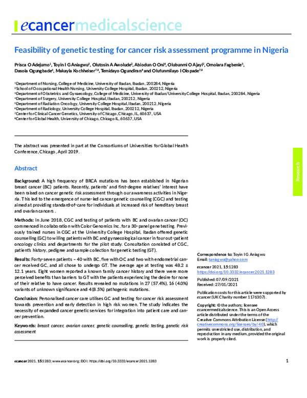 (PDF) Feasibility of genetic testing for cancer risk assessment ...