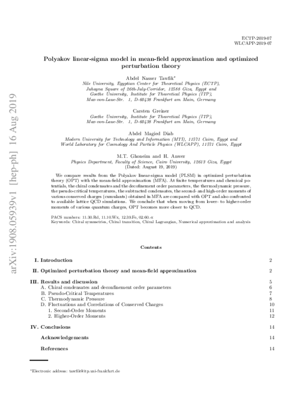 (PDF) Polyakov linear- σ model in mean-field approximation and optimized perturbation theory