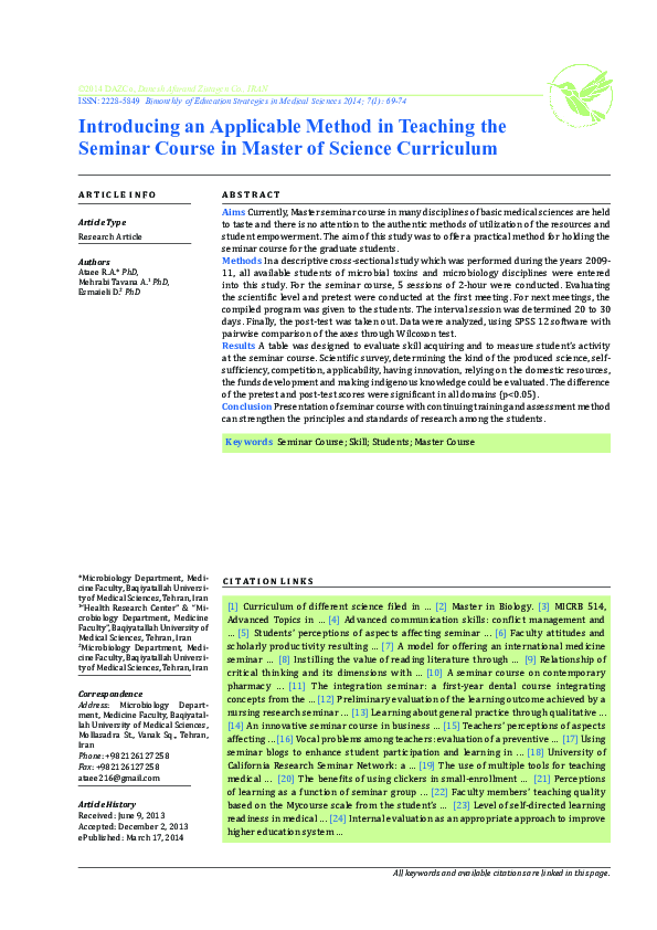 (PDF) Introducing an Applicable Method in Teaching the Seminar Course ...
