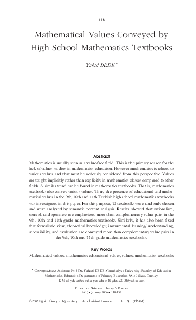 (PDF) Mathematical Values Conveyed by High School Mathematics Textbooks