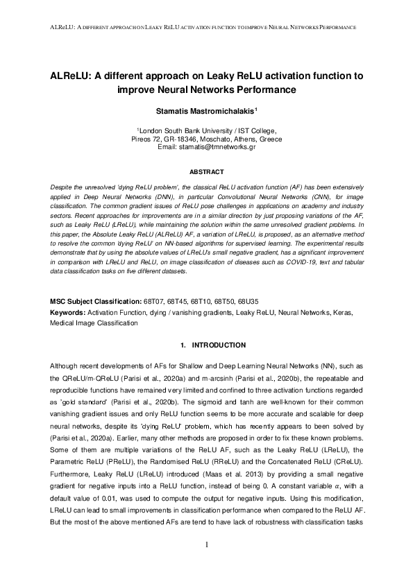 (PDF) ALReLU: A different approach on Leaky ReLU activation function to improve Neural Networks ...