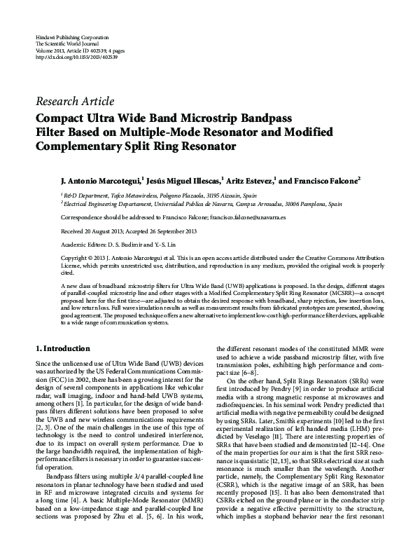 (PDF) Compact Ultra-Wideband Microstrip Bandpass Filter Using SIR Approach