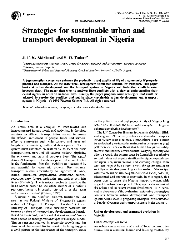 (PDF) Strategies for sustainable urban and transport development in Nigeria