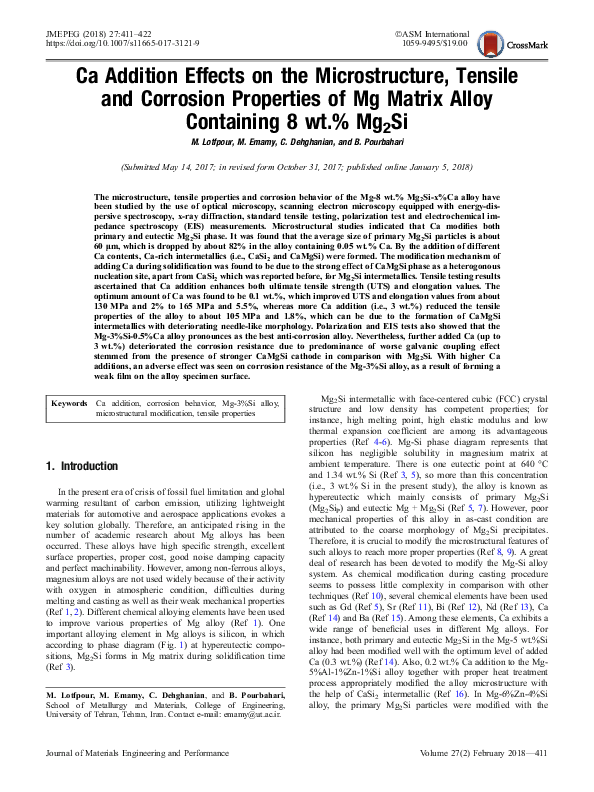 (PDF) Ca Addition Effects on the Microstructure, Tensile and Corrosion Properties of Mg Matrix ...