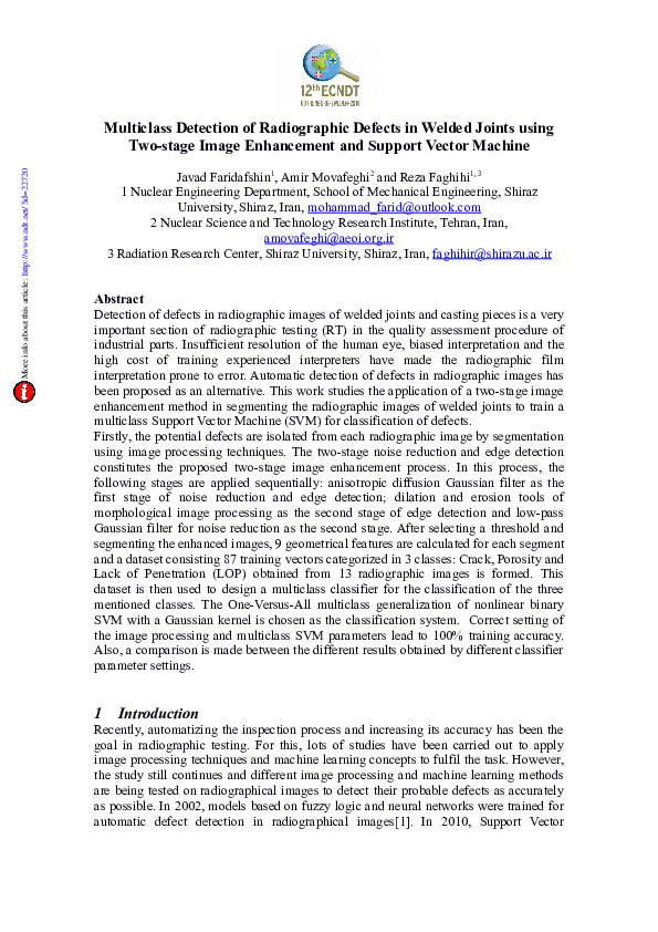 (PDF) Multiclass Detection of Radiographic Defects in Welded Joints using Two-stage Image ...