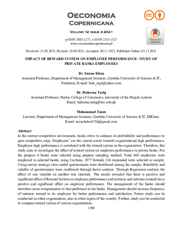 (PDF) IMPACT OF REWARD SYSTEM ON EMPLOYEE PERFORMANCE: STUDY OF PRIVATE ...