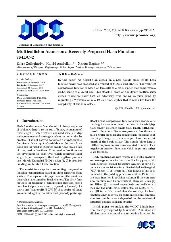 (PDF) Multicollision Attack on a recently proposed hash function vMDC-2