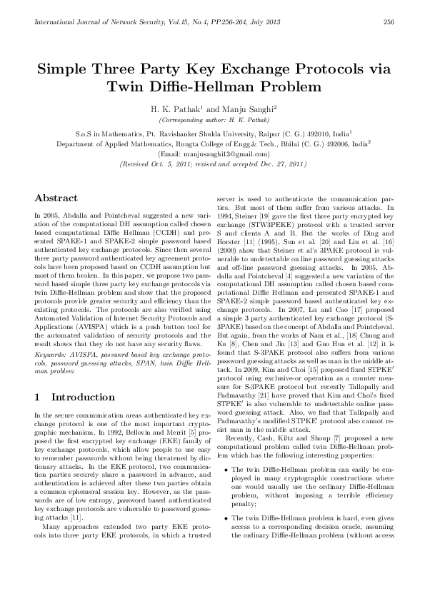 (PDF) Simple Three Party Key Exchange Protocol via Twin Diffie-Hellman Problem