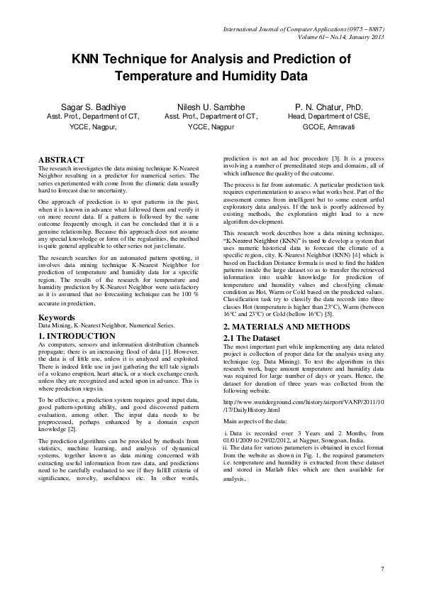 (PDF) KNN Technique for Analysis and Prediction of Temperature and ...