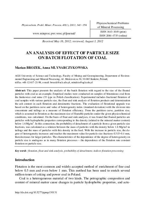 (PDF) An analysis of effect of particle size on batch flotation of coal