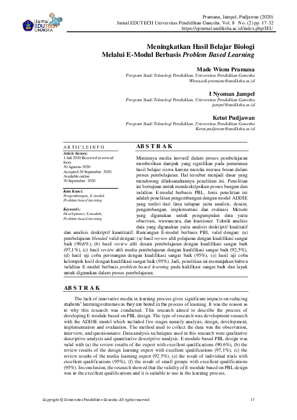 (PDF) Meningkatkan Hasil Belajar Biologi Melalui E-Modul Berbasis Problem Based Learning