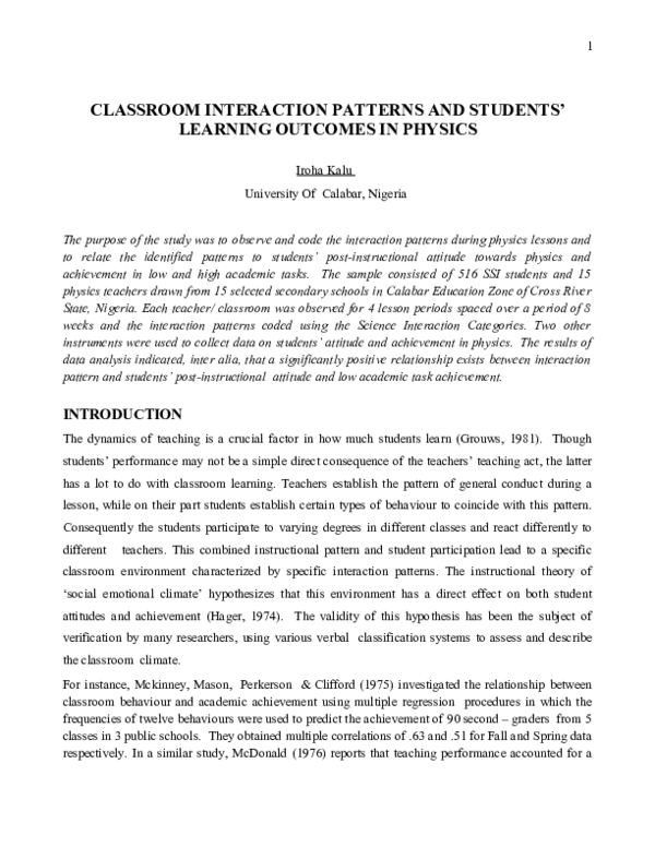 (PDF) Classroom Interaction Patterns and Students ’ Learning Outcomes ...