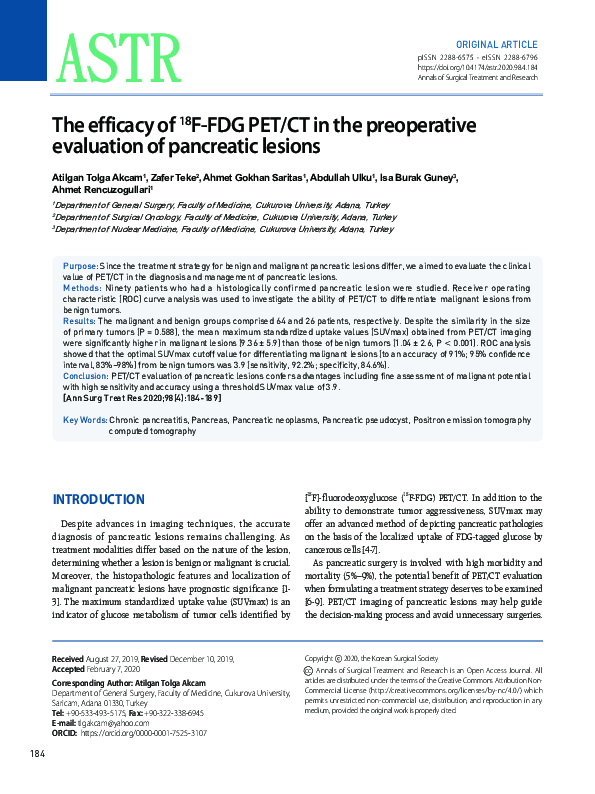 (PDF) The efficacy of 18F-FDG PET/CT in the preoperative evaluation of ...