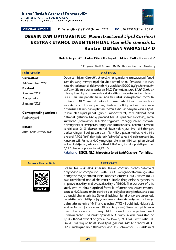 (PDF) DESAIN DAN OPTIMASI NLC (Nanostructured Lipid Carriers) EKSTRAK ETANOL DAUN TEH HIJAU ...