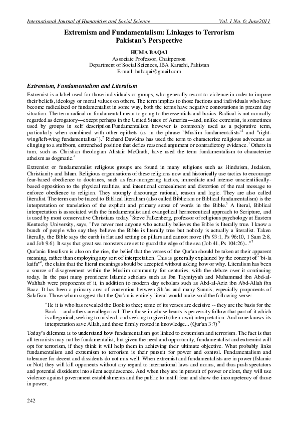 (PDF) Extremism and Fundamentalism: Linkages to Terrorism Pakistan's ...