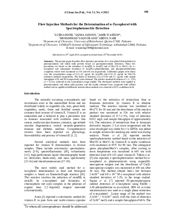(PDF) Flow Injection Methods for the Determination of α-Tocopherol with Spectrophotometric Detection