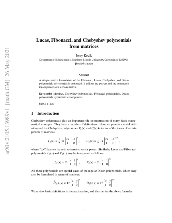 Pdf Lucas Fibonacci And Chebyshev Polynomials From Matrices