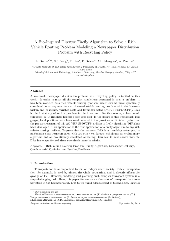 Pdf A Bio Inspired Discrete Firefly Algorithm To Solve A Rich Vehicle Routing Problem Modeling