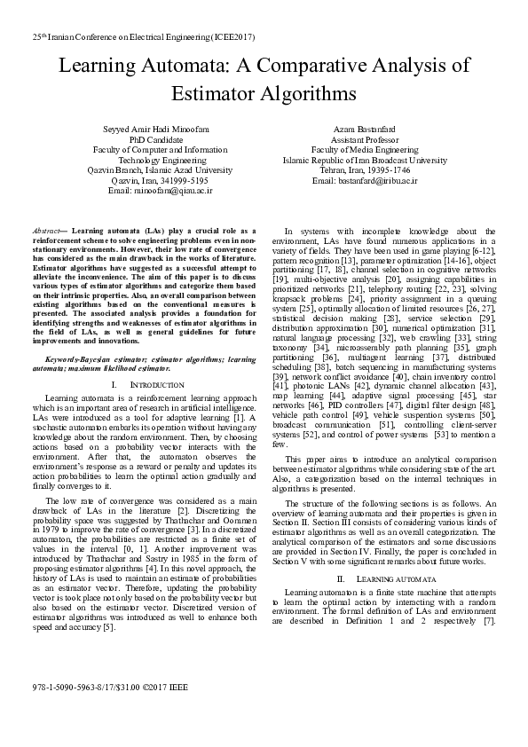 (PDF) Learning Automata : A Comparative Analysis of Estimator Algorithms