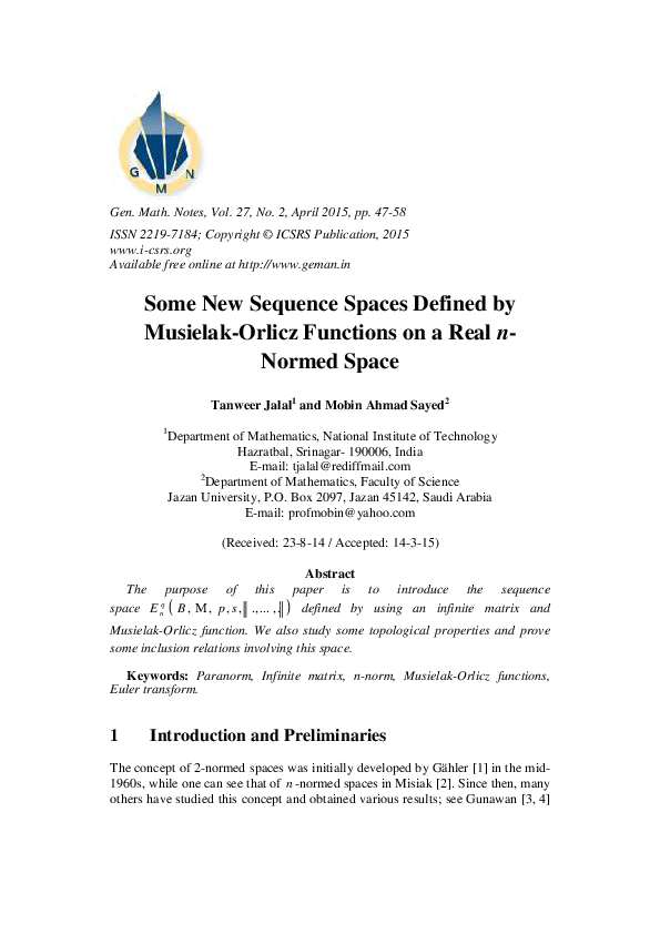 (PDF) Some New Sequence Spaces Defined by Musielak-Orlicz Functions on a Real n-Normed Space