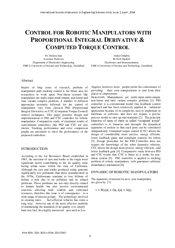 (PDF) Control for Robotic Manipulators with Proportional Integral Derivative & Computed Torque ...