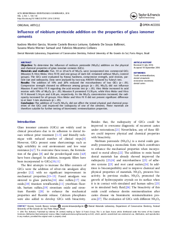 (PDF) Influence of niobium pentoxide addition on the properties of glass ionomer cements