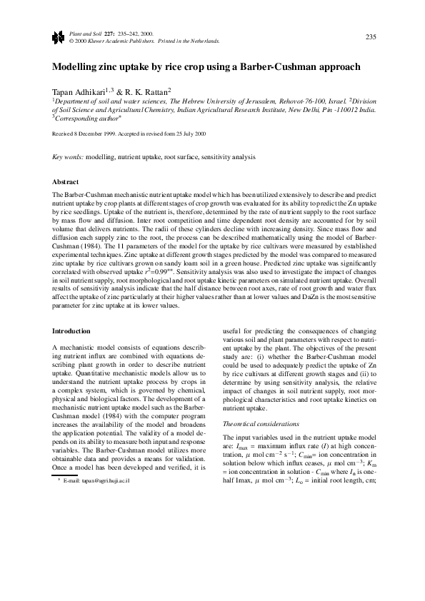 (PDF) Modelling zinc uptake by rice crop using a Barber-Cushman approach