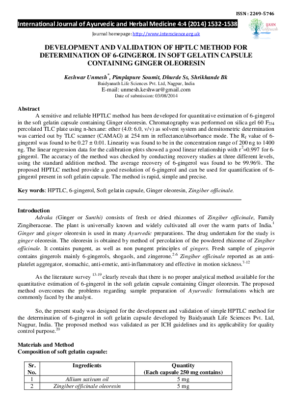 (PDF) Development and Validation of HPTLC Method for Determination of 6-GINGEROL in Soft Gelatin ...